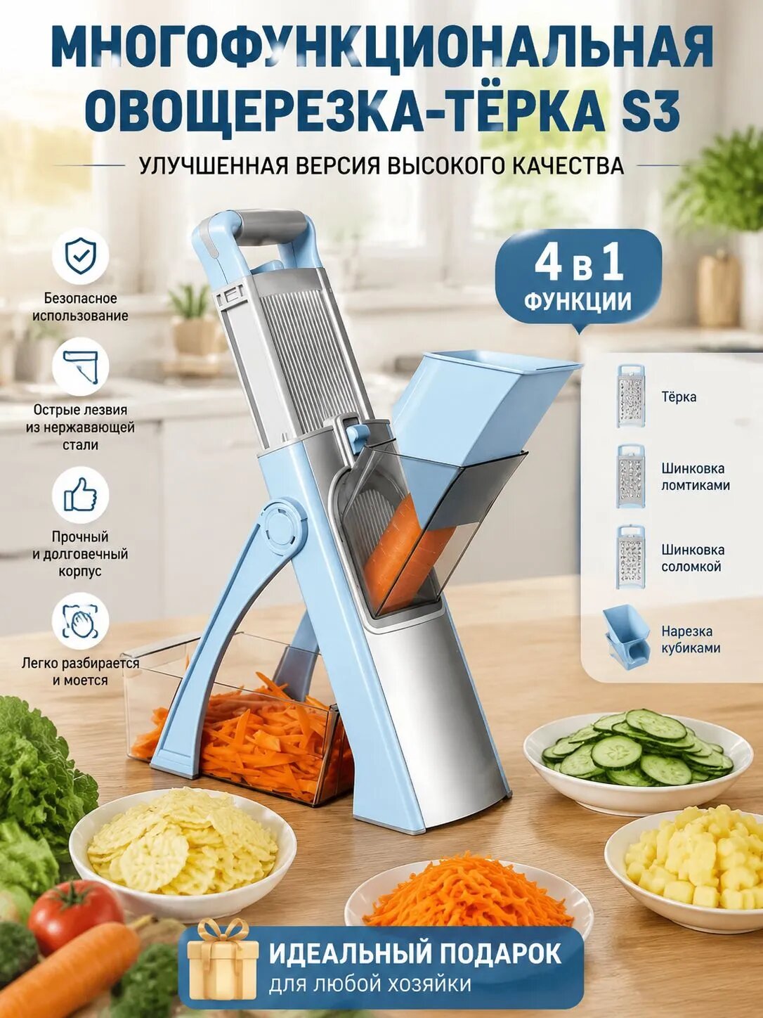 Ручная 4-в-1 многофункциональная овощерезка (2-е поколение) шинковка, нарезка ломтиками, кубиками, измельчение. Домашний помощник для картофеля соломкой.
