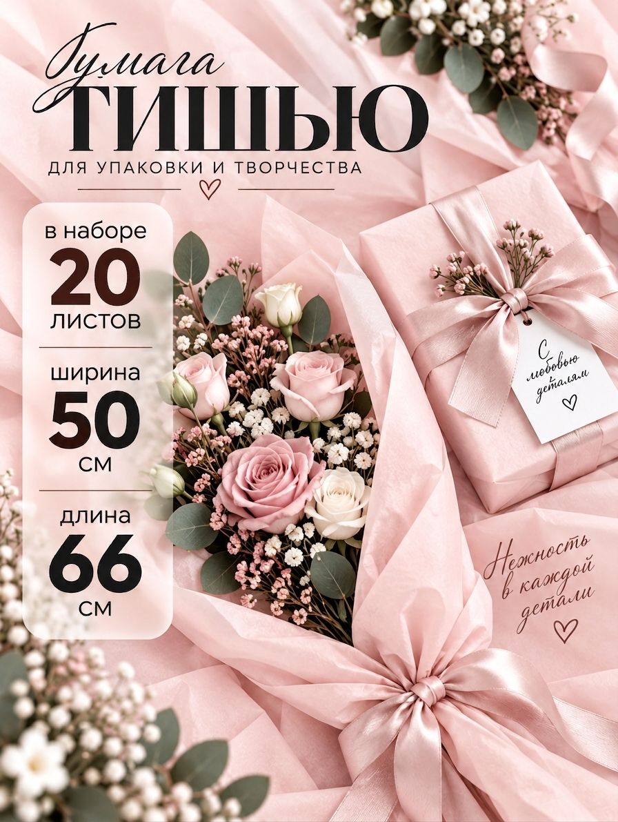 Бумага тишью упаковочная матовая однотонная. Набор 20 листов. Розовый