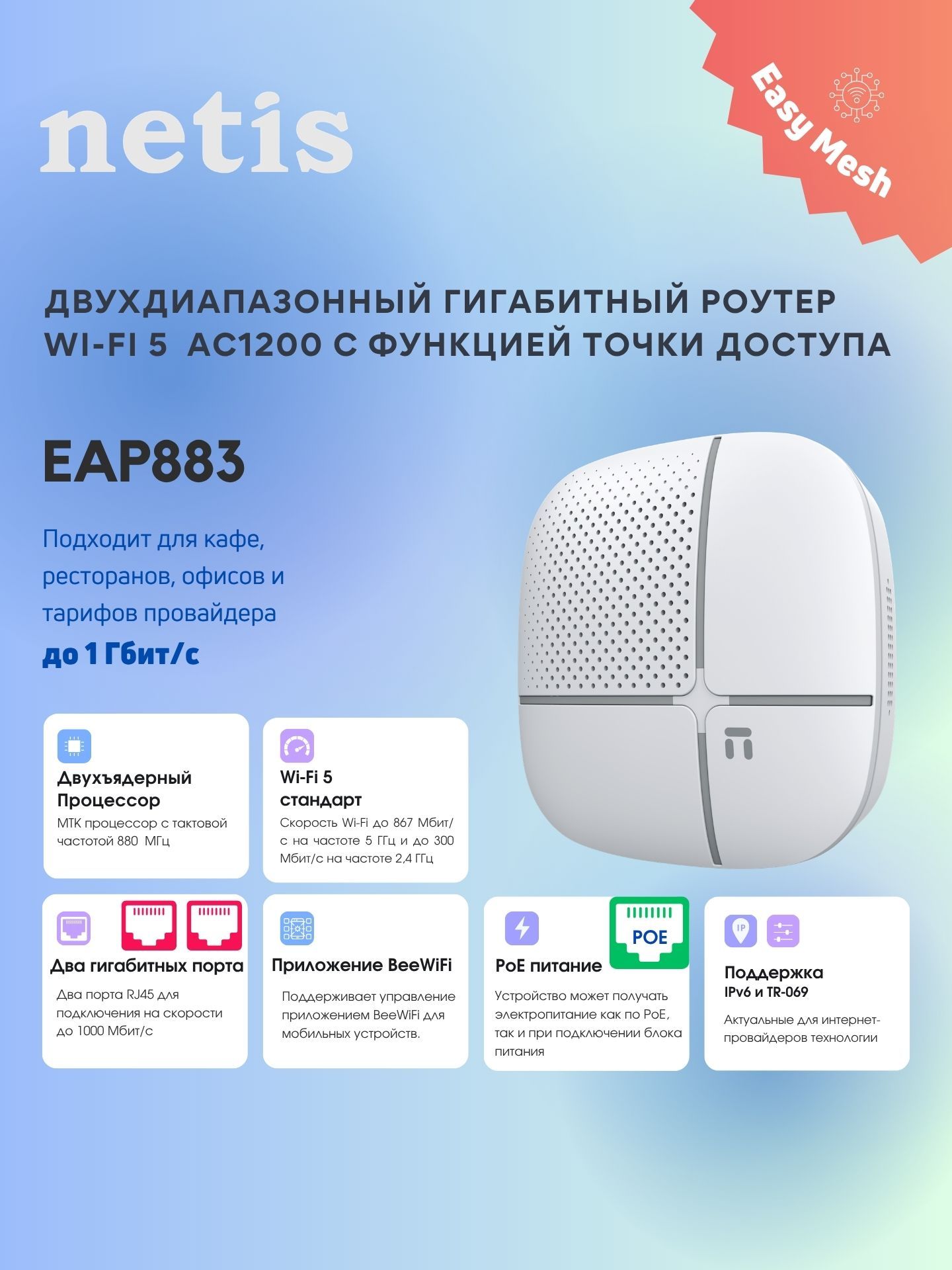 Роутер беспроводной Netis EAP883 AC1200 10/100/1000BASE-TX белый