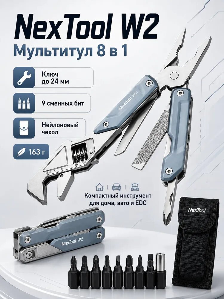 Мультитул NexTool W2 NE20293 8 в 1 с разводным ключом 24 мм набором из 9 бит и чехлом