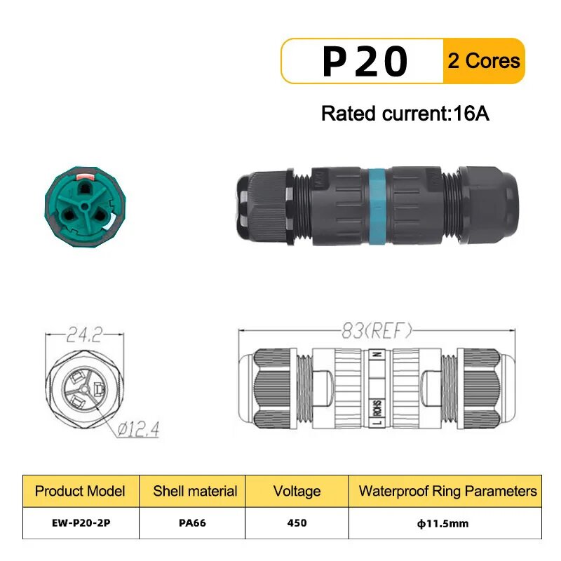 Водонепроницаемая клемма P20 2 Cores, 16A, Черный A2