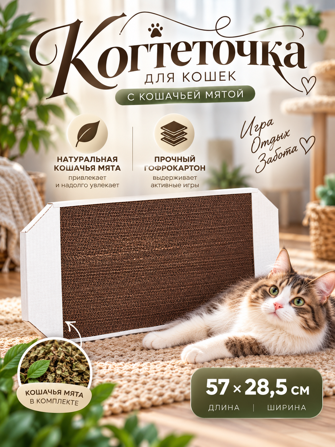 Когтеточка для кошек, лежанка из гофрокартона, с кошачьей мятой, 57 х 28,5 см