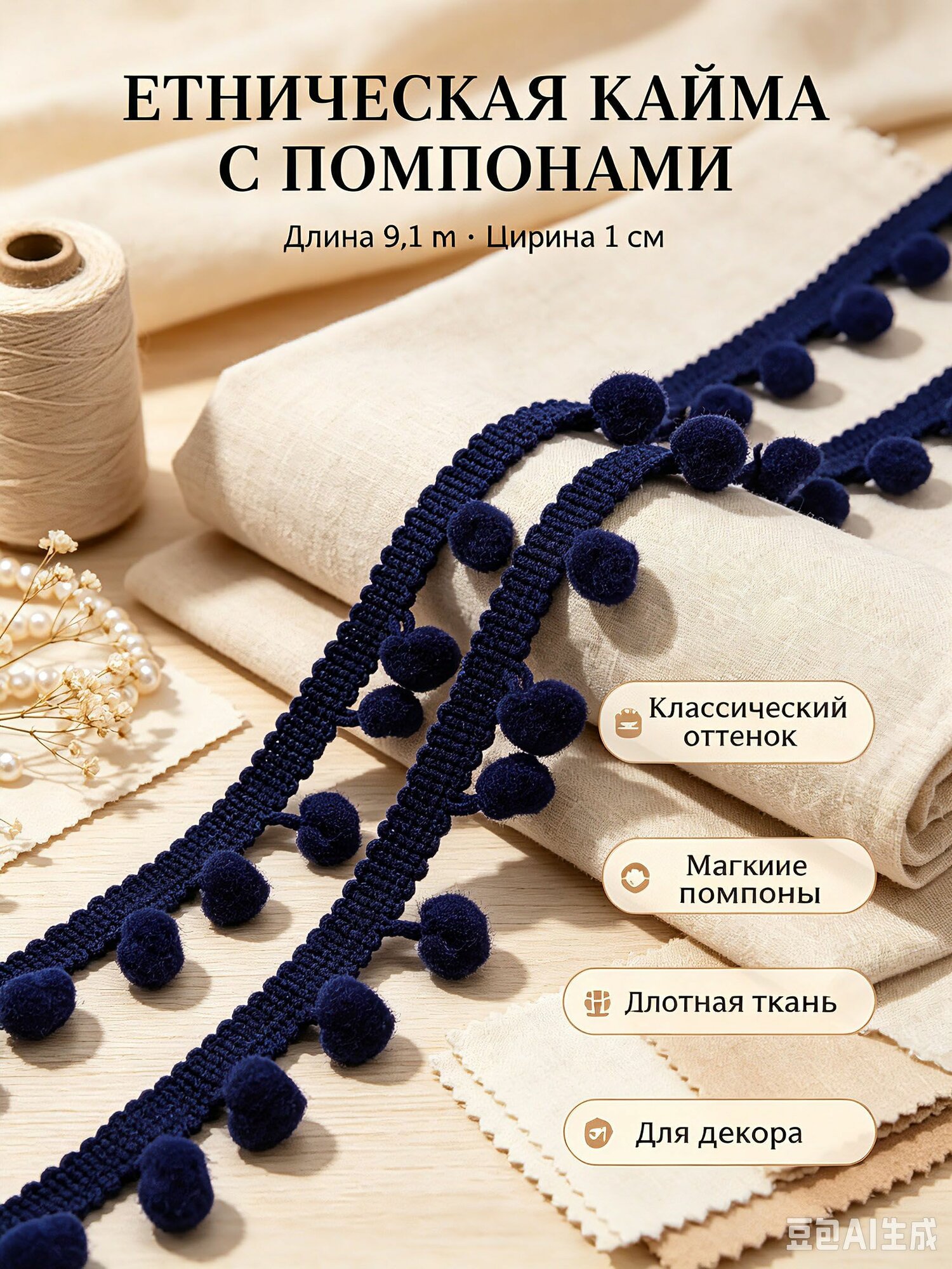 Тесьма с помпонами 9м 1см для штор подушек