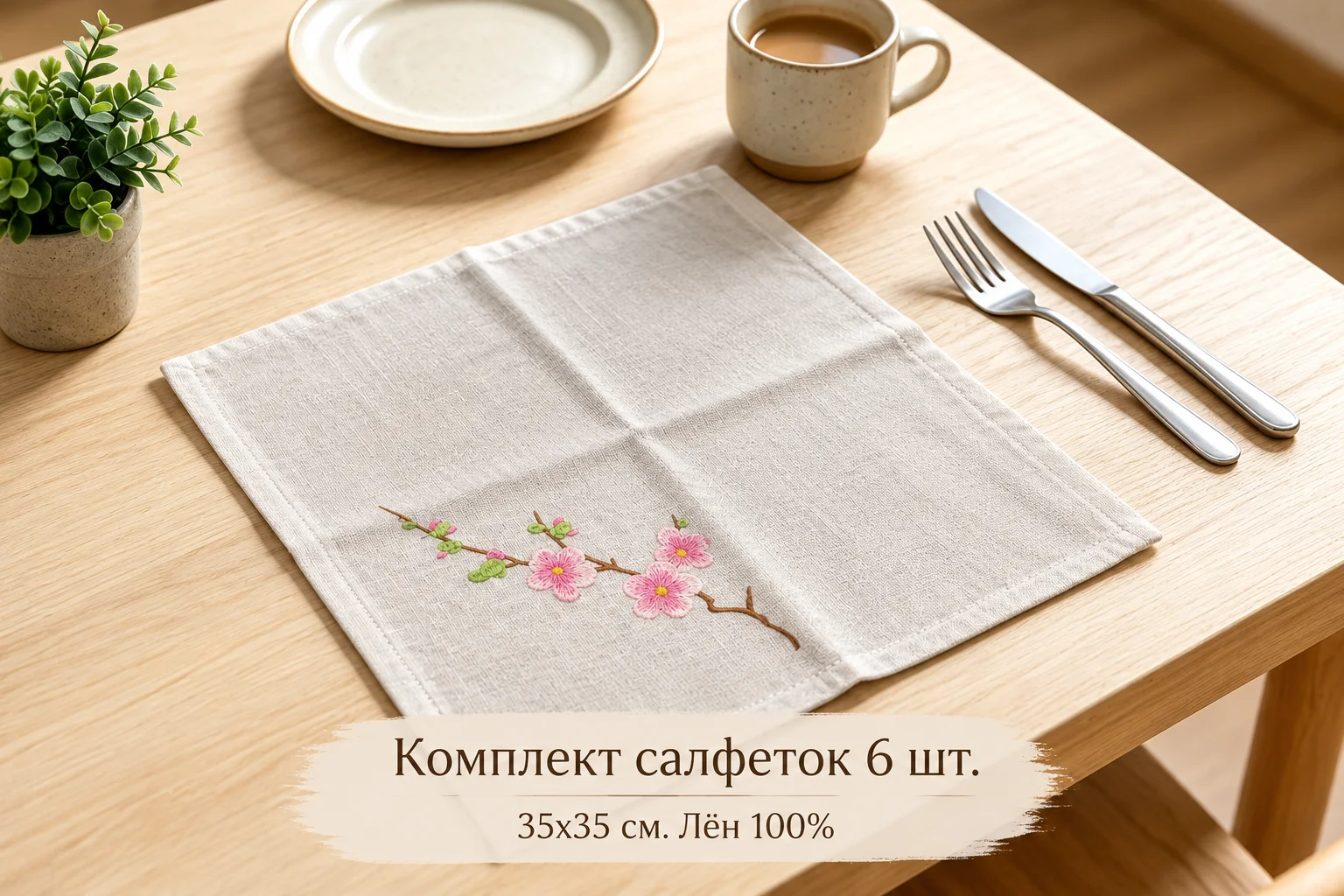 Комплект льняных салфеток "Цветущая сакура" от "Ратниковой Валентины" с вышивкой (35*35 см, 6 салфеток)
