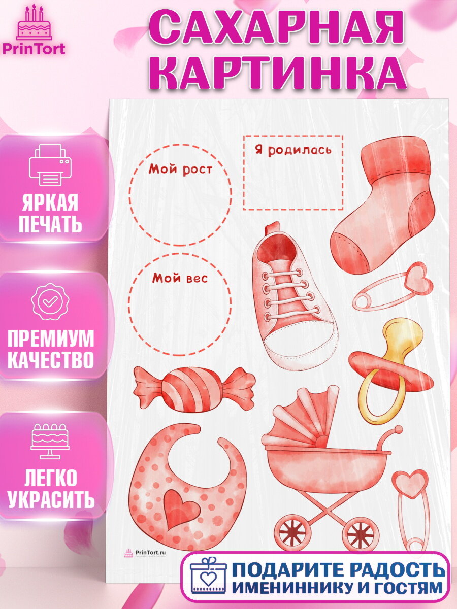 Сахарная картинка для торта Метрика. Украшения для торта девочке на Рождение ребенка. Декор для выпечки PrinTort