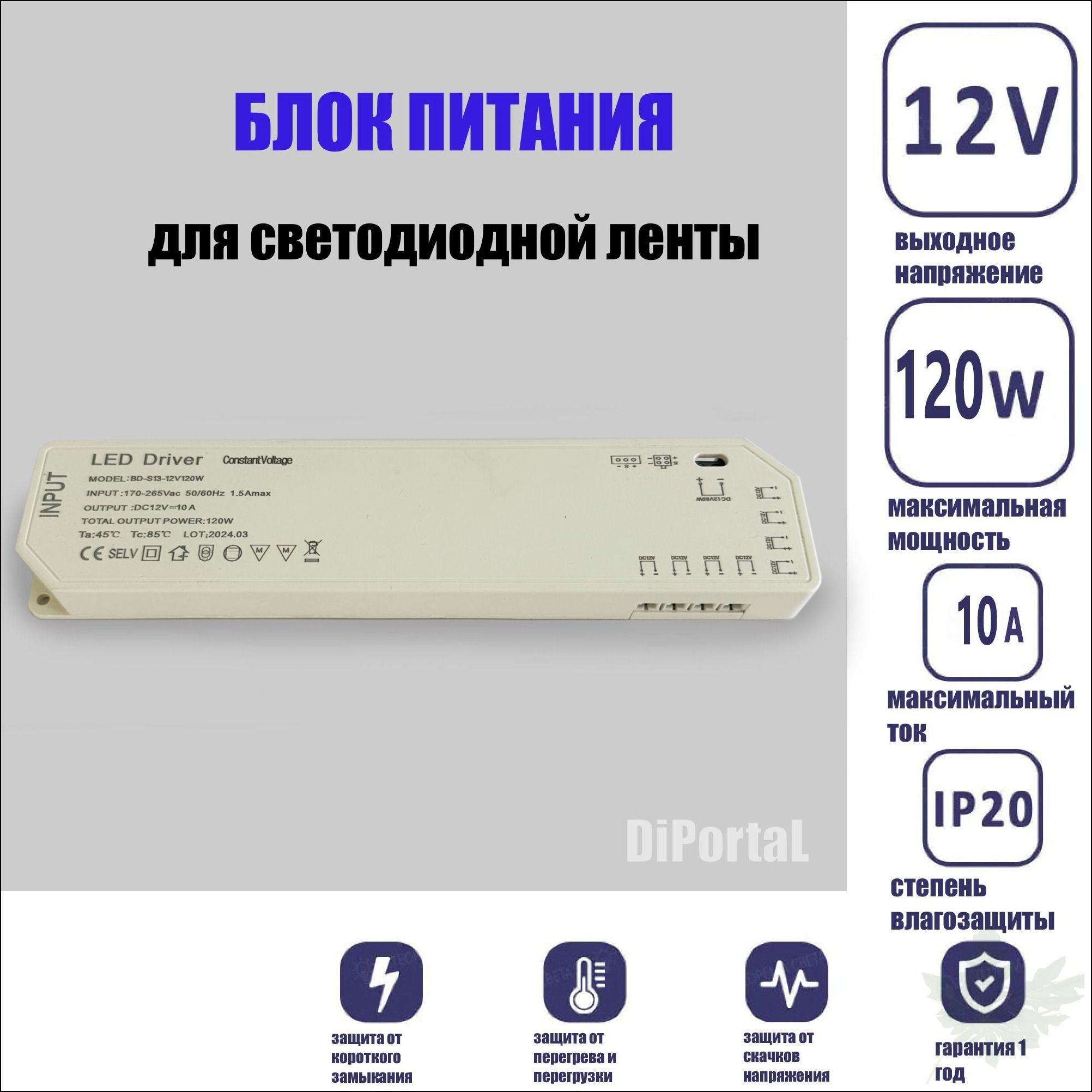 Блок питания 120Вт, DC 12В, 10А, для светодиодной ленты и светильника. Драйвер мощность 120W 10A IP20