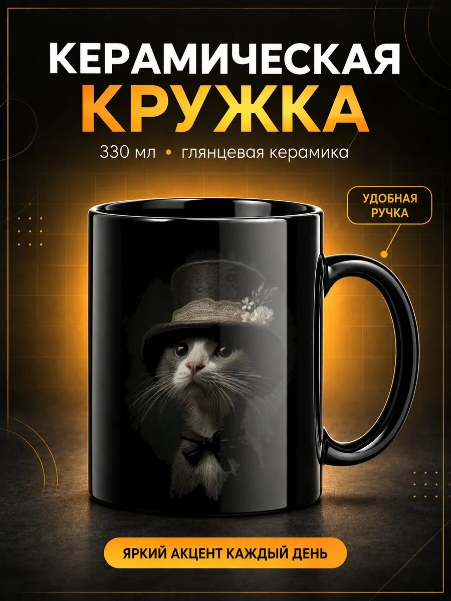 Кружка керамическая TOP CUP, Кот в цилиндре, чёрная, 330 мл, для чая и кофе