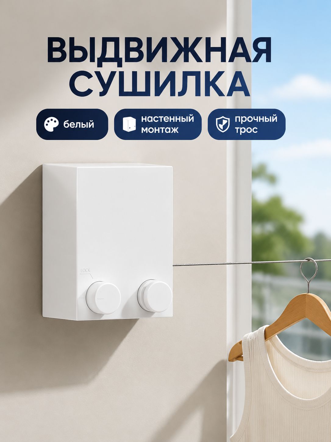 Сушилка для белья 14.5 см х 9.5 см х 8.5 см 1 шт белый, Бельевая веревка, телескопическая, Евротест, для умного дома