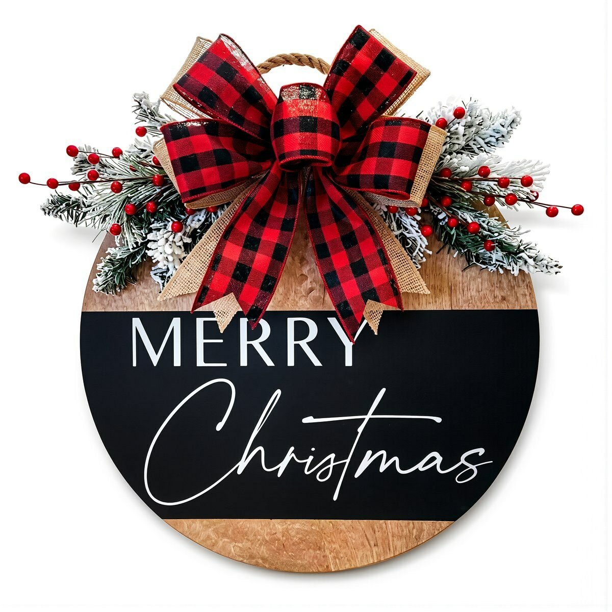 Деревянная подвеска на дверь Рождество Merry Christmas клетчатая лента искусственные растения декор