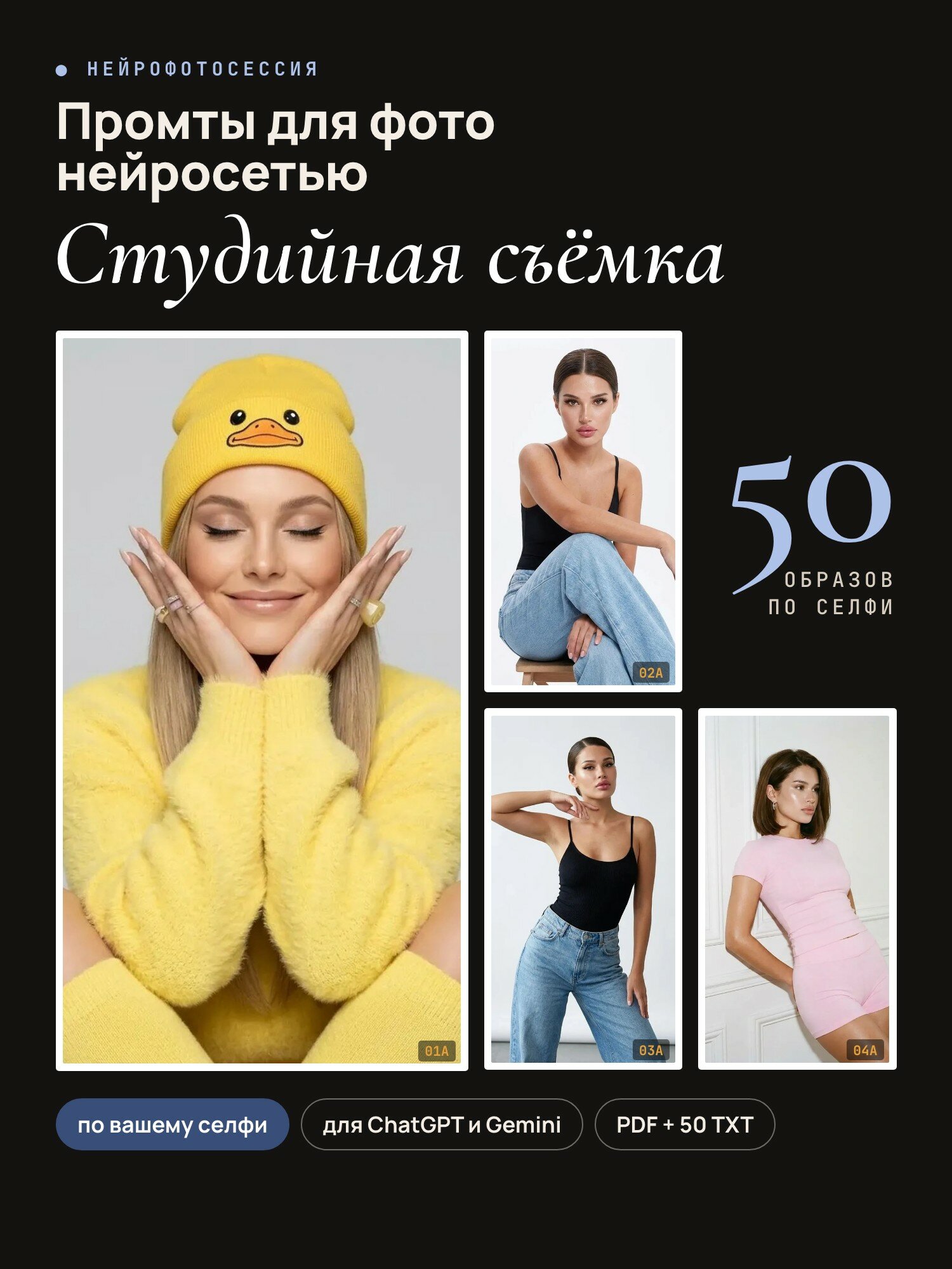 Промты для фотосессии нейросетью «Студийная съёмка»: 50 образов по селфи для ChatGPT и Gemini, PDF и TXT