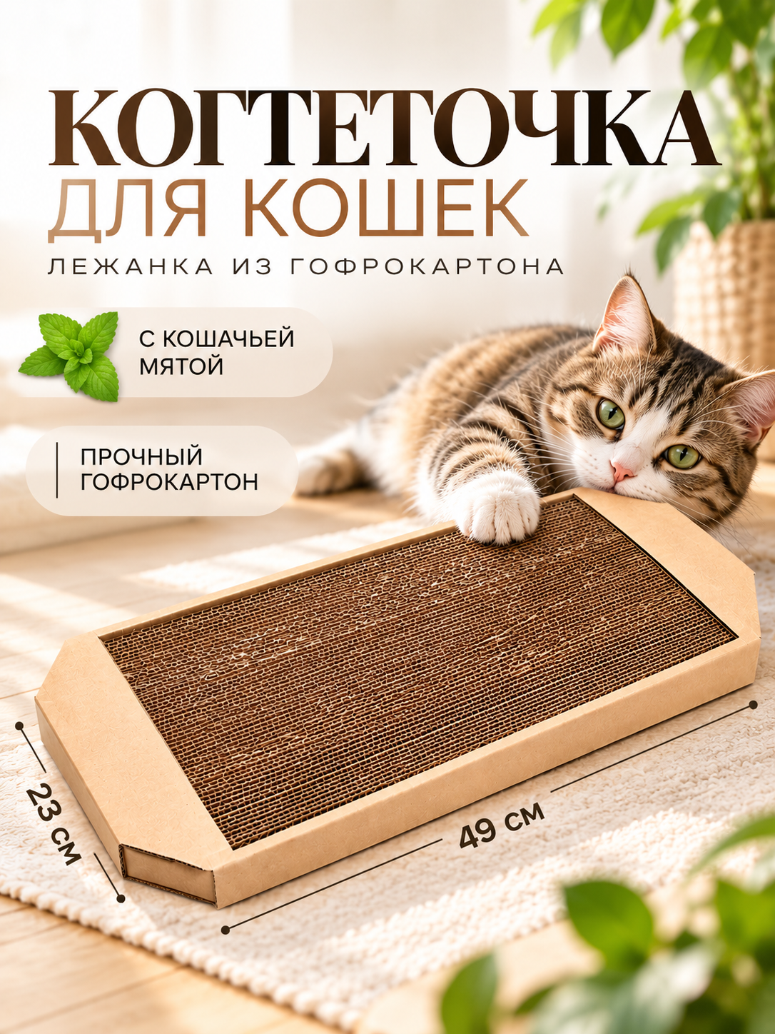 Когтеточка для кошек, лежанка из гофрокартона, с кошачьей мятой, 49 х 23 см