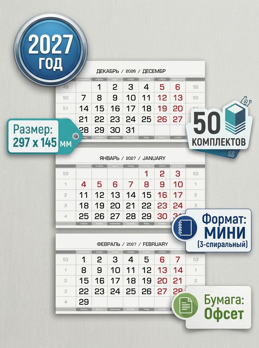 Календарные блоки/сетка 2027 - вердана офсет мини 3-сп (3 х 297*145) белый (упаковка 50 комплектов)