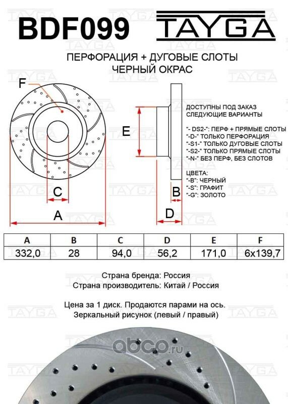 Диск перфорированный, слотированный, вентилируемый TAYGA BDF099