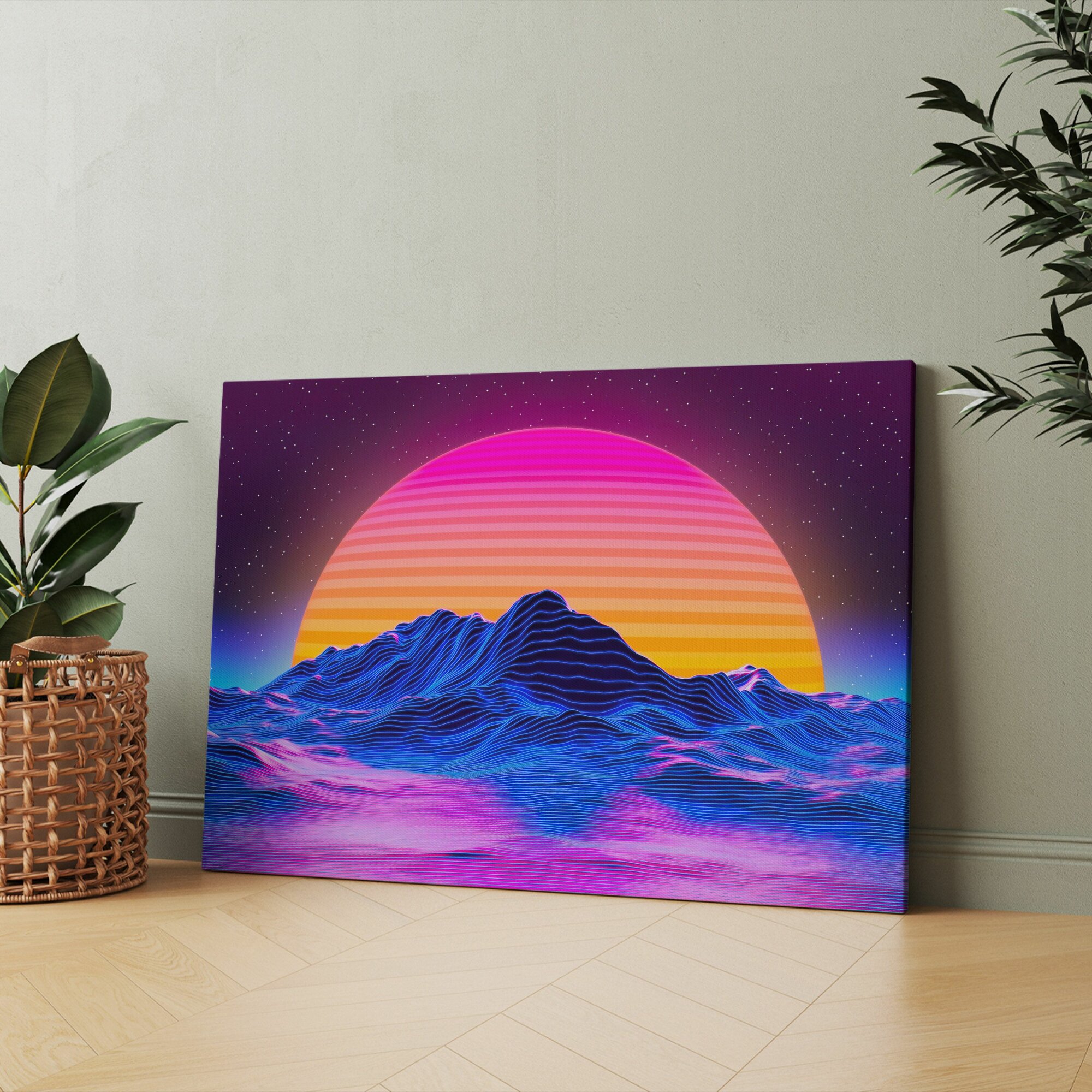 Картина на холсте (ретровейв неон synthwave retro 4 k закат) 50x70 см/для интерьера/в комнату/на стену/в подарок
