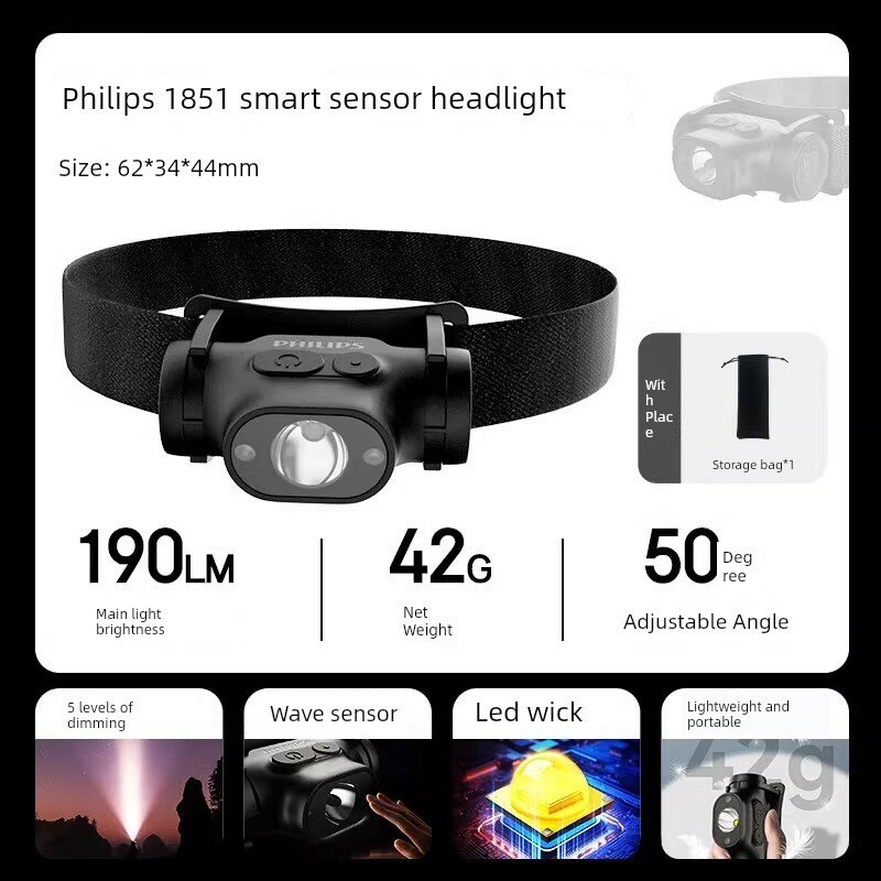 Налобный фонарь Philips, мощный свет, ультраяркий налобный фонарь для рыбалки, ночной рыбалки, альпинизма, ультралегкий