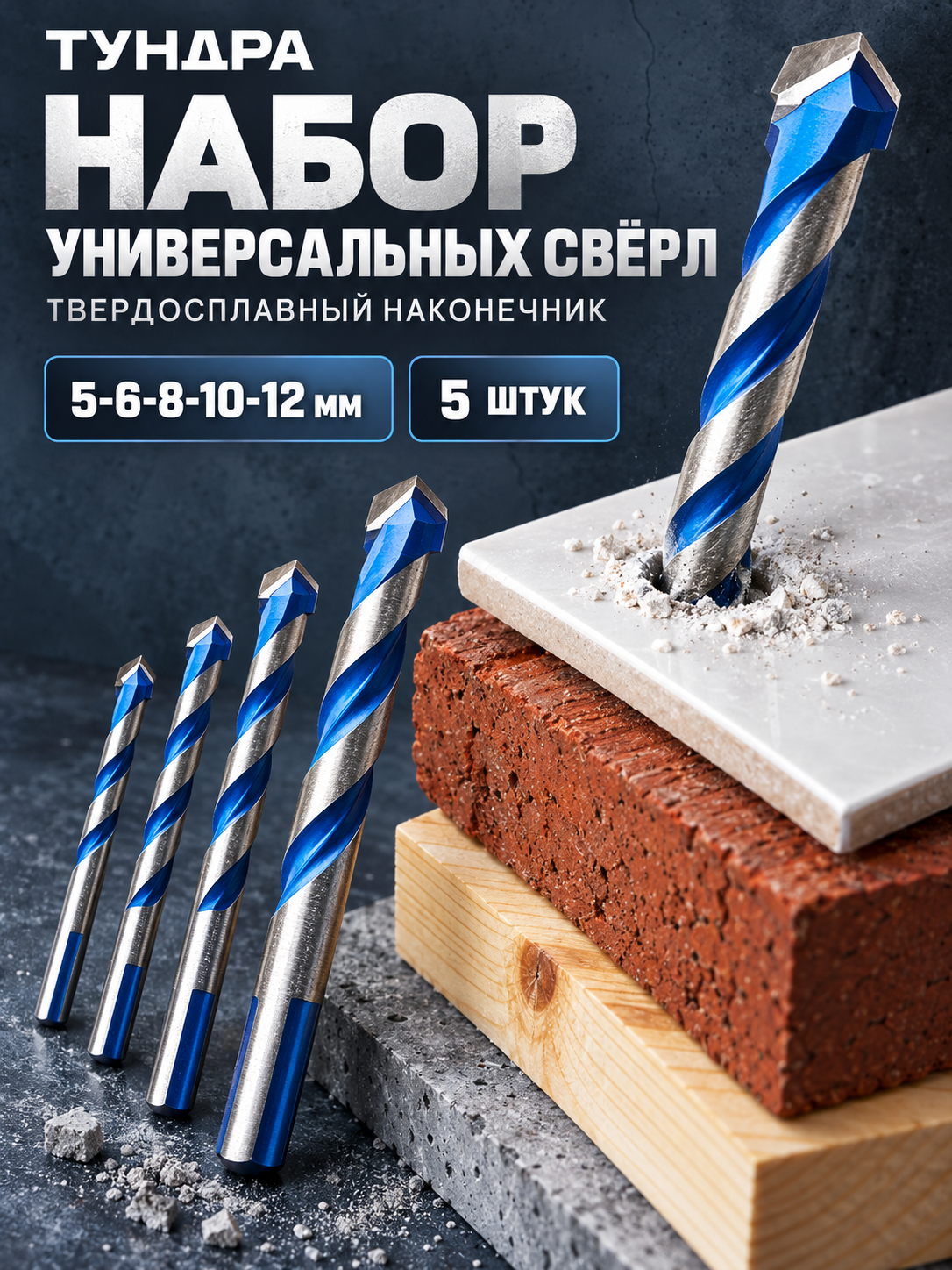 Набор универсальных свёрл тундра, твердосплавный наконечник, 5-6-8-10-12