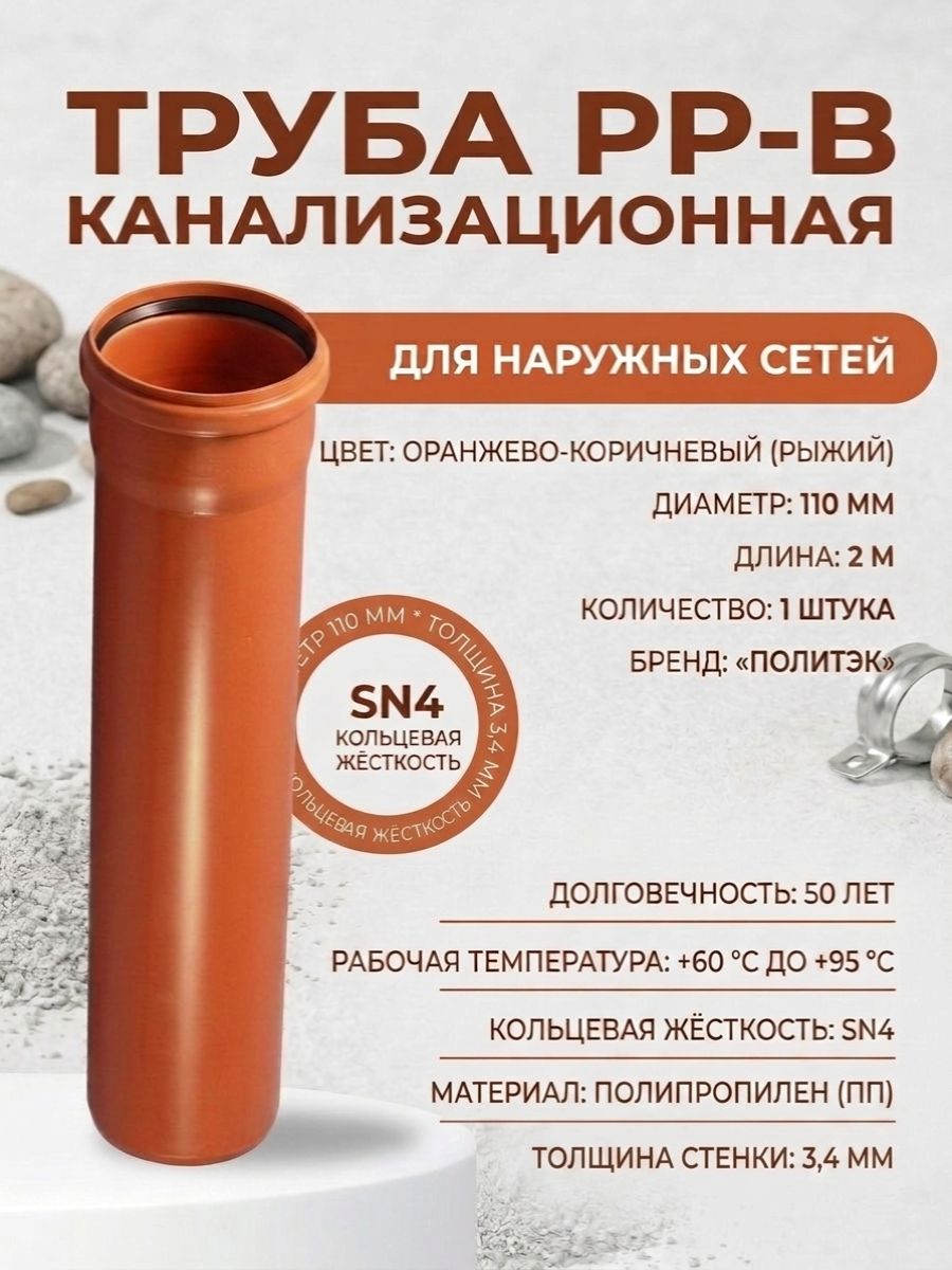 Труба 110*3,4мм х 2 м. канализационная наружная Политэк 1 шт.