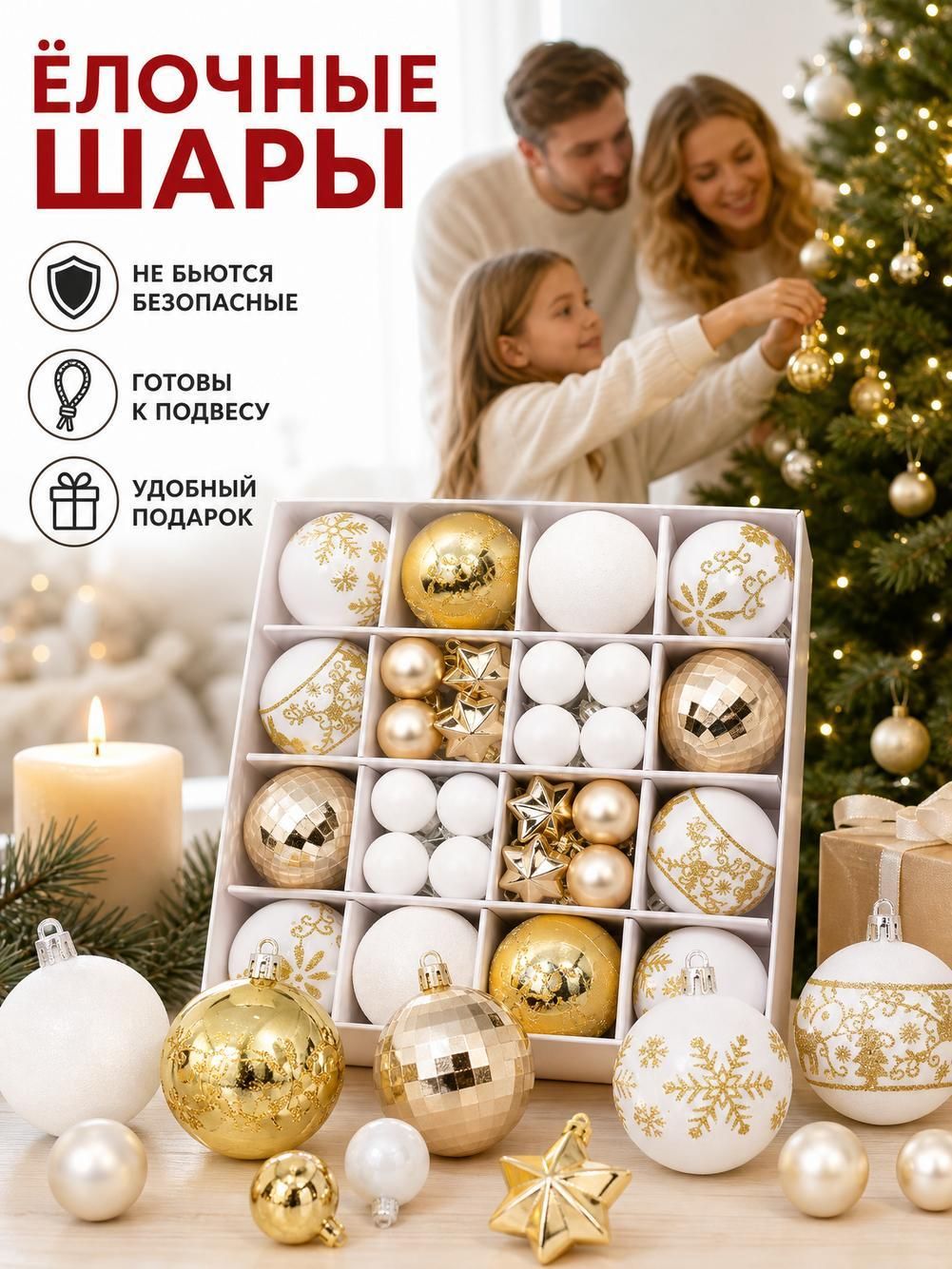 Красно-золотые ёлочные шары 44 шт в подарочной упаковке, новогодний декор для дома и праздника