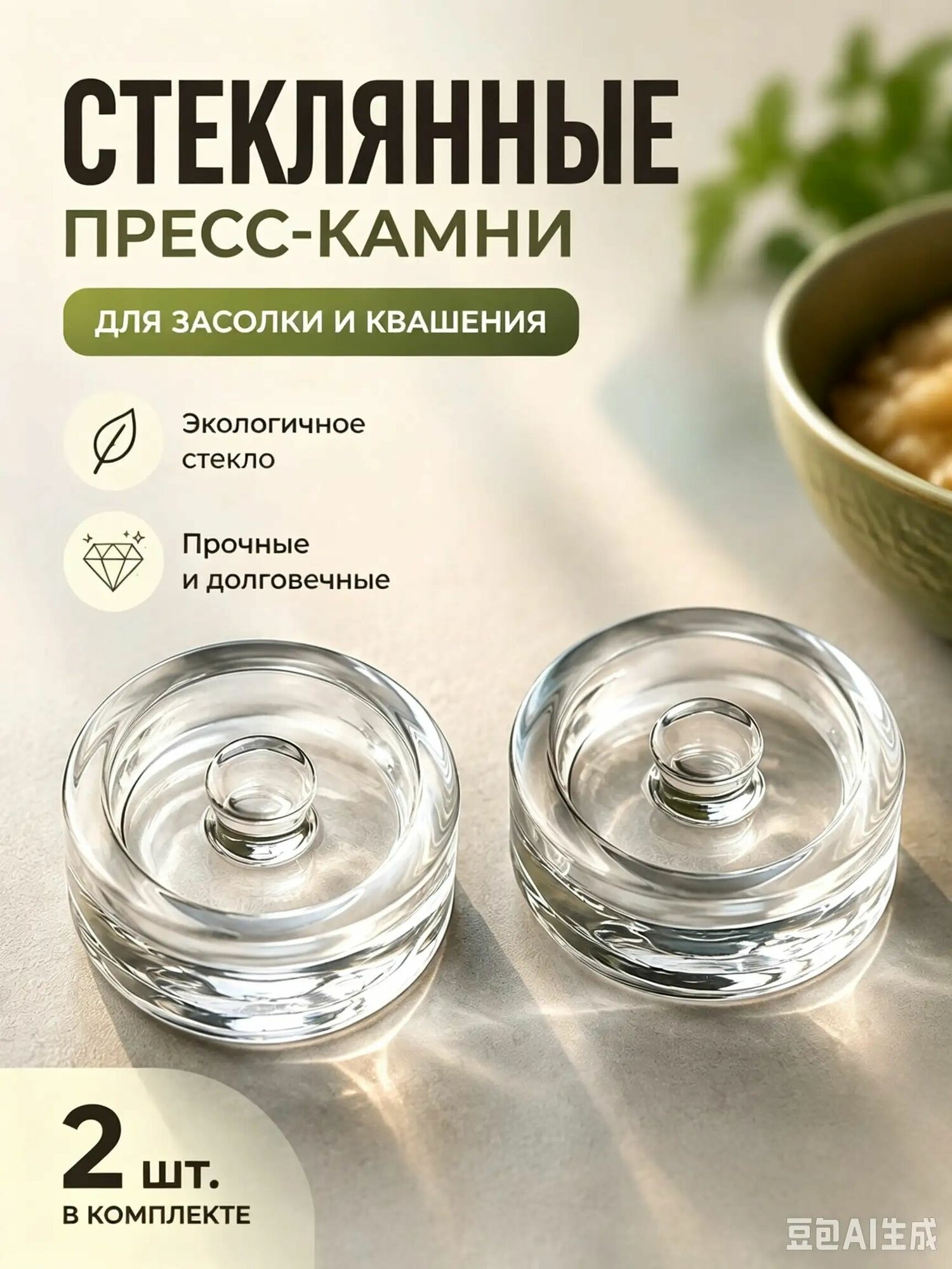 Гнет для засолки стеклянный набор 2 шт, прозрачный пресс для овощей, груз для квашения