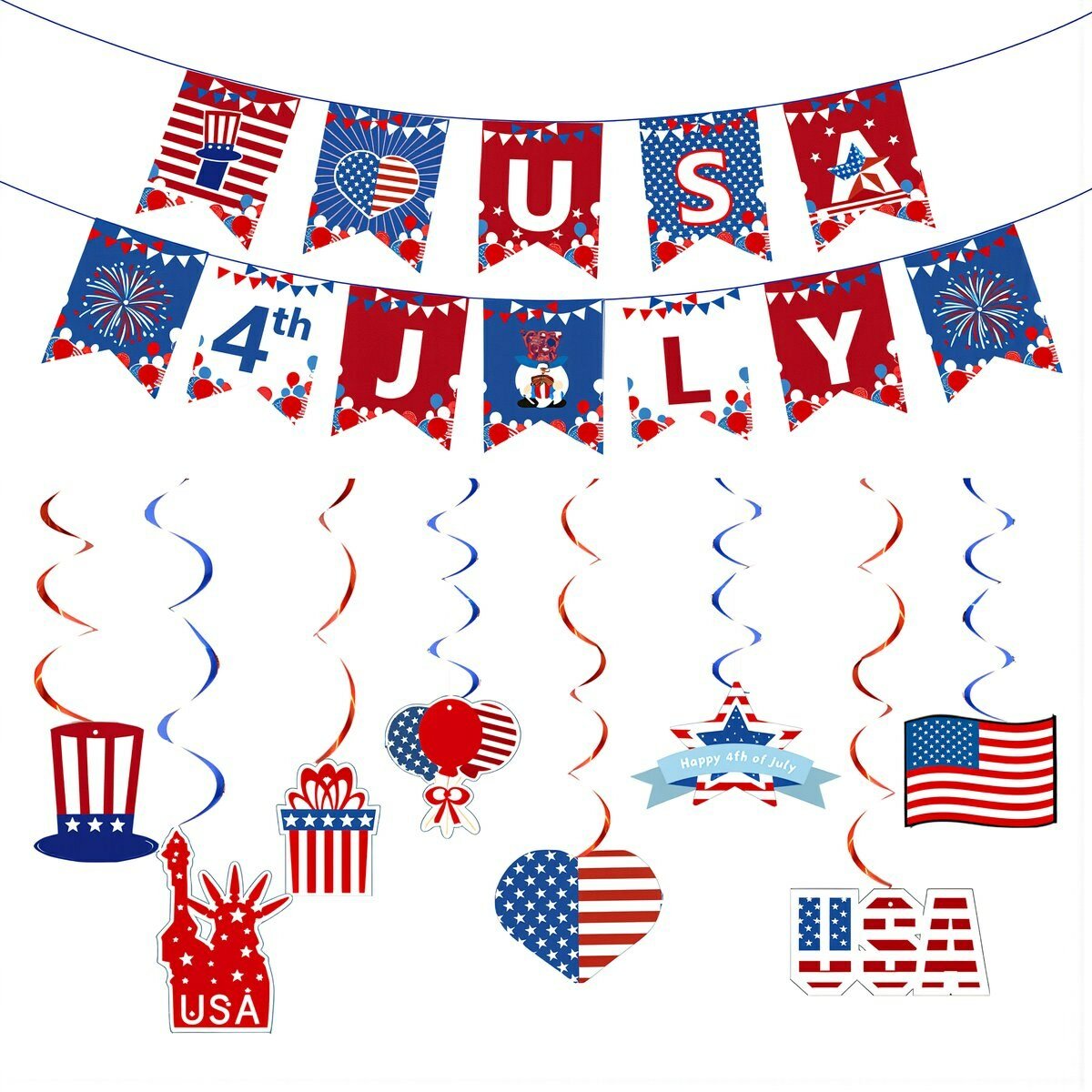 Декоративные спиральные подвески для праздника Дня независимости США 4 июля комплект из восьми элементов для вечеринки, Комплект с флагом версии А и спиралями в форме сердца на День независимости США