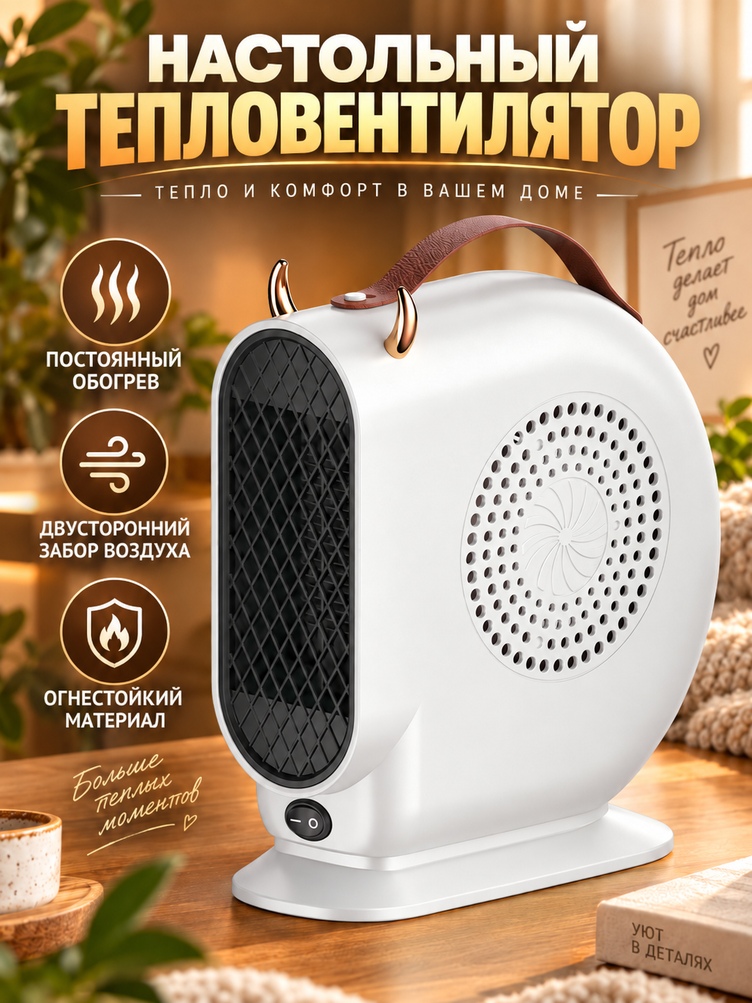 Настольный тепловентилятор для личного обогрева, наклон вверх‑вниз, двойная защитная система, удобно ставить на стол в