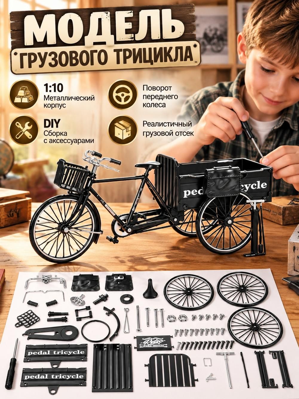 Сборная модель трехколесного велосипеда с платформой, 1:10, черная