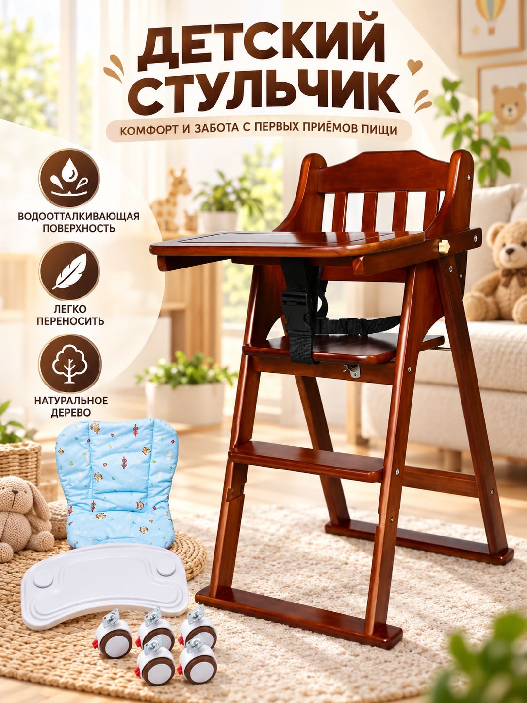 Стульчик детский из натурального дерева, для кормления малыша, водоотталкивающая поверхность, съемный столик, ремни фиксации, легко переносить и убирать