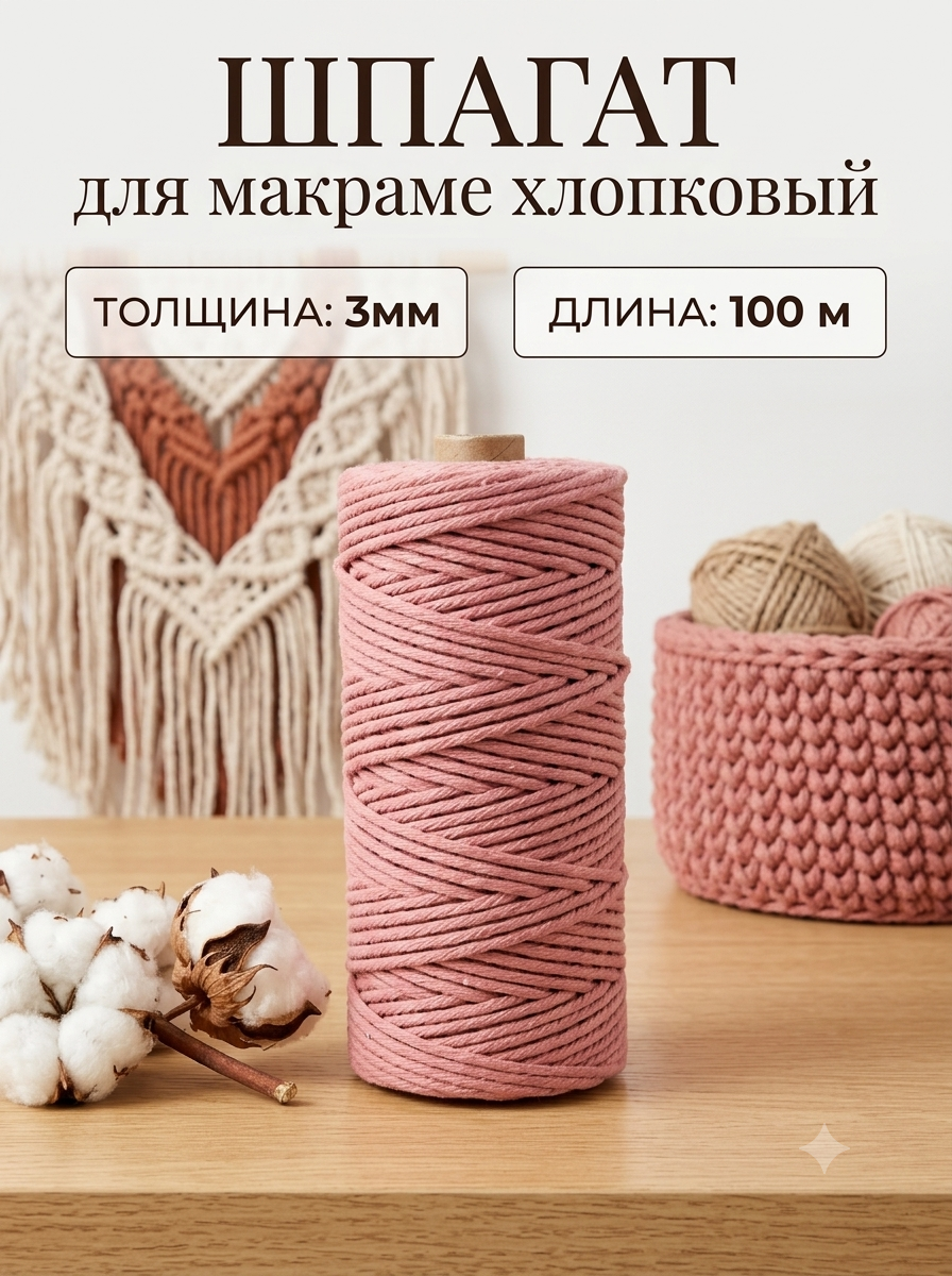 Шпагат хлопковый для макраме 3мм 100м персиковый (бледно-розовый) 23