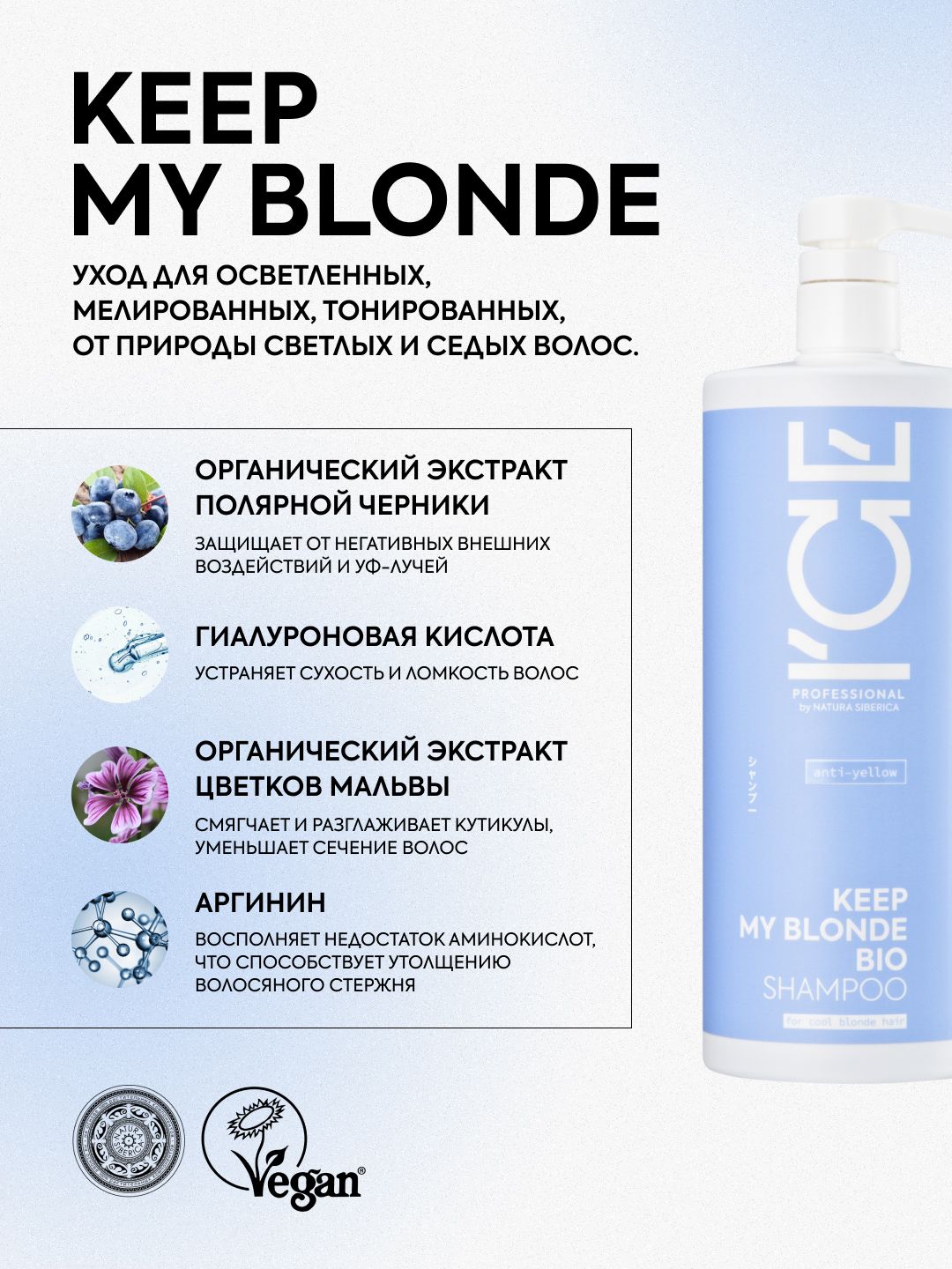 ICE PROFESSIONAL by NATURA SIBERICA Профессиональный шампунь тонирующий для светлых волос anti yellow KEEP MY BLONDE BIO SHAMPOO 1000 мл