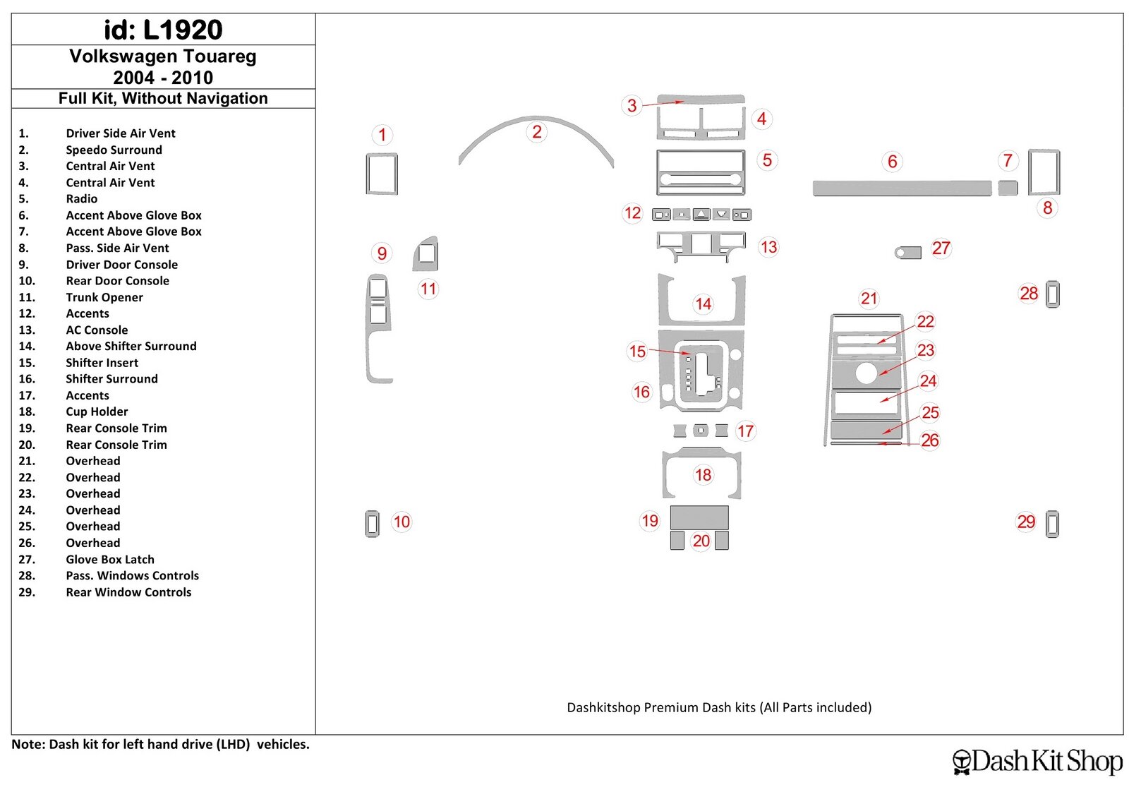 Декоративные накладки салона для Volkswagen Touareg 2004-2010. Комплект L1920.