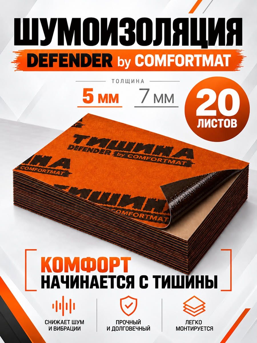 TISHINA BY COMFORTMAT DEFENDER Шумоизоляция для автомобиля, толщина 4,5 мм, 20 листов, (250*350)
