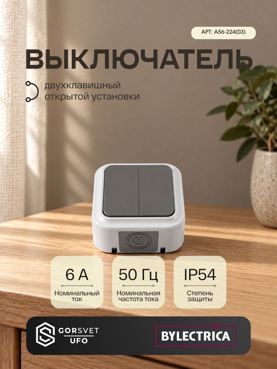 Выключатель 2-клавишный ОУ IP54 Пралеска Аква серый Bylectrica А56-224(03)