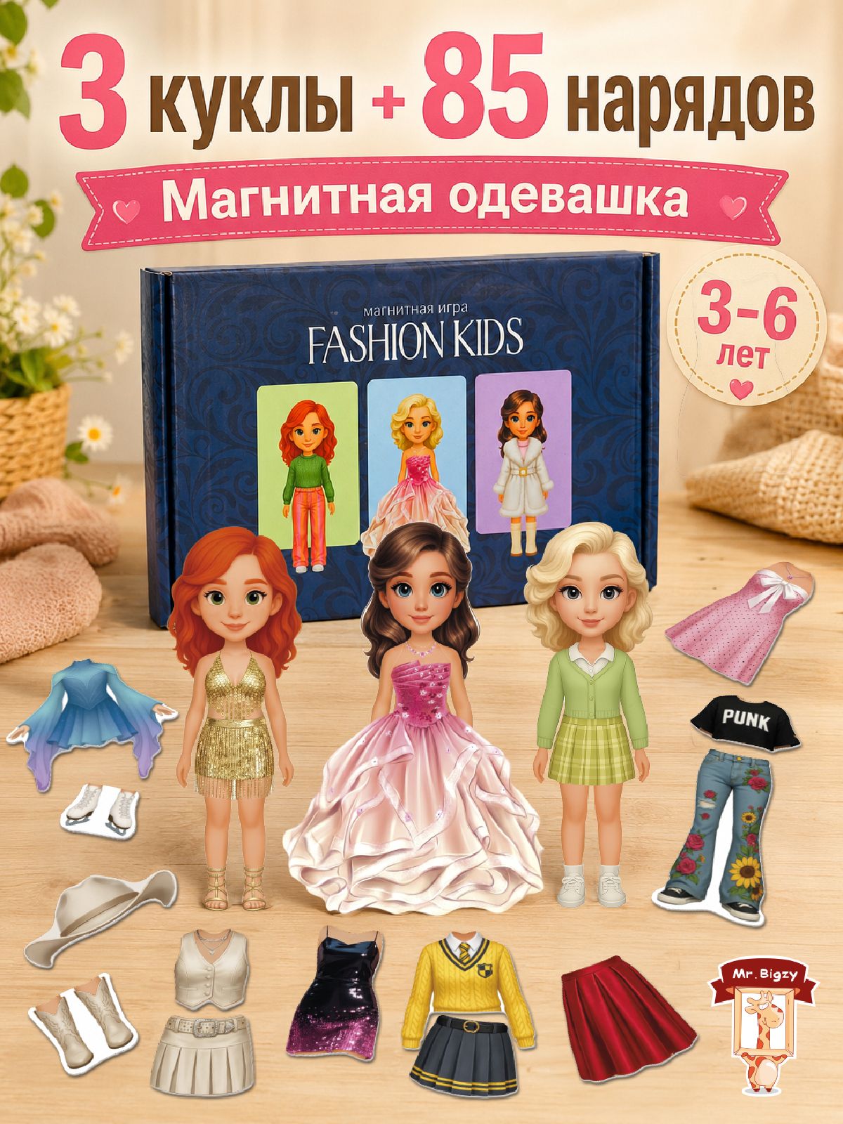 Магнитные куклы с одеждой для девочек Mr. Bigzy FASHION kids, 3 фигурки, 85 элементов, 3+