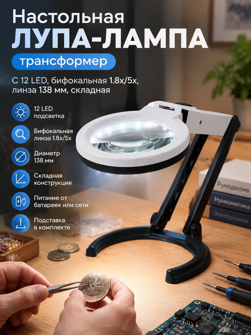 Настольная лупа-лампа трансформер с 12 LED, бифокальная 1.8x/5x, линза 138 мм, складная