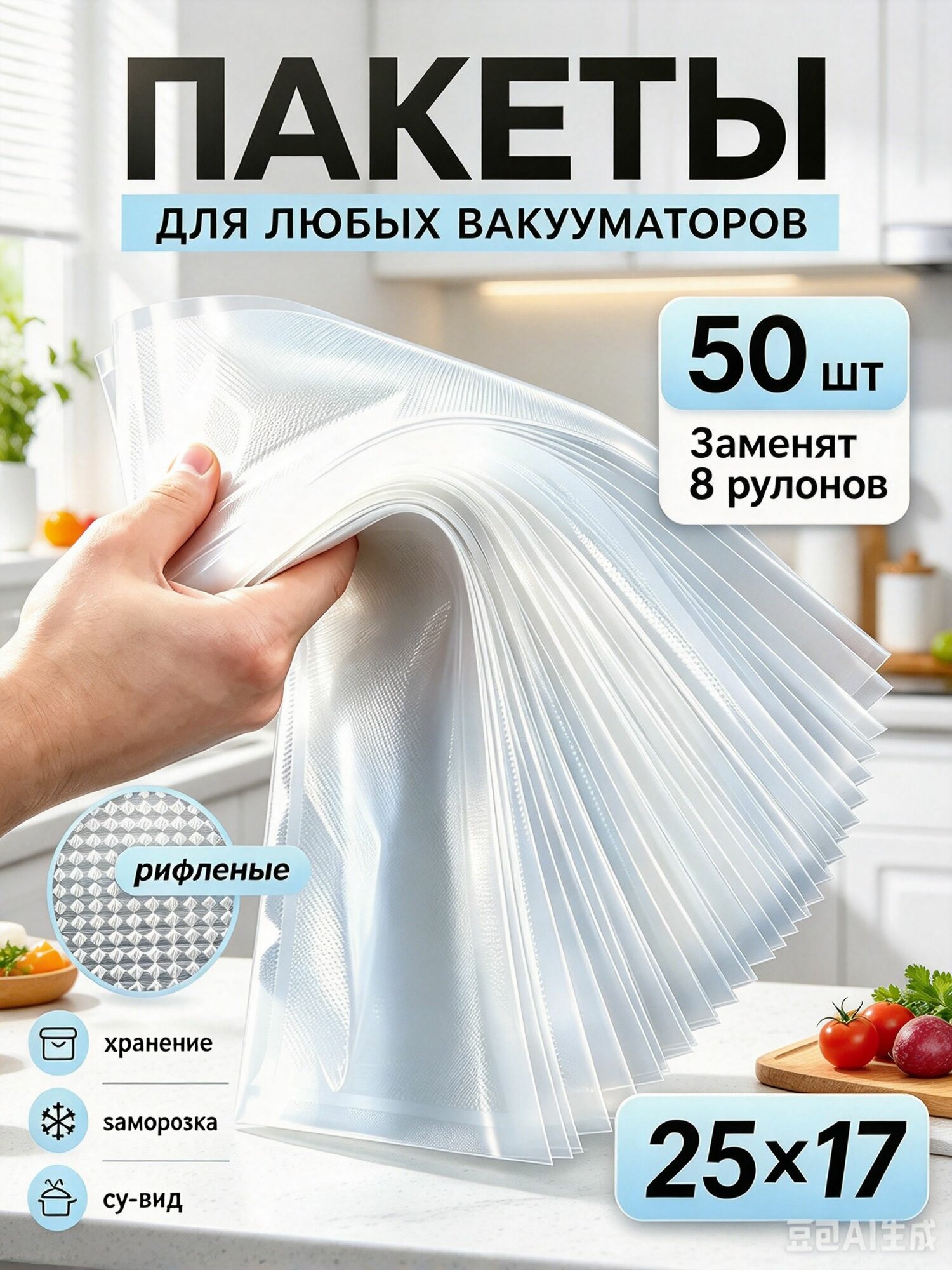 Пакеты для вакууматора рифленые, для хранения и заморозки продуктов, прозрачные 17х25 50штук