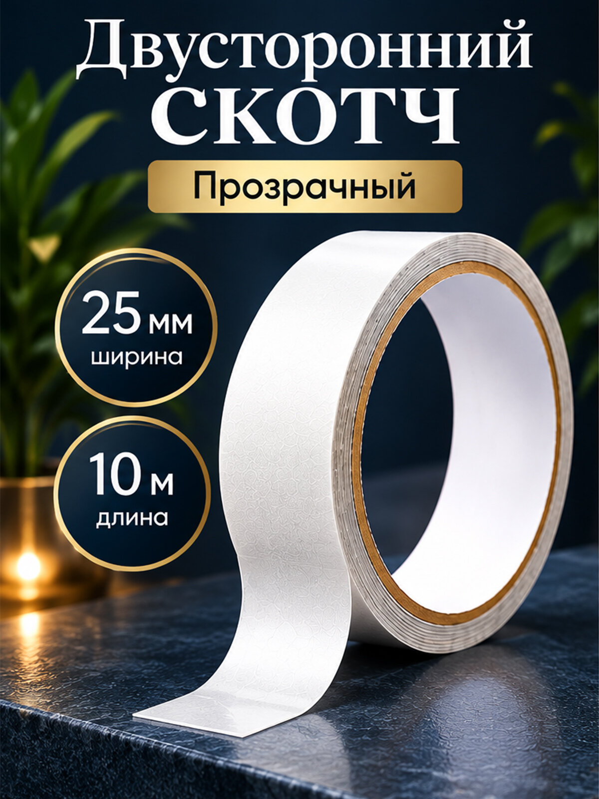 Двухсторонний скотч крепкий прозрачный, длина 10 м, ширина 25 мм
