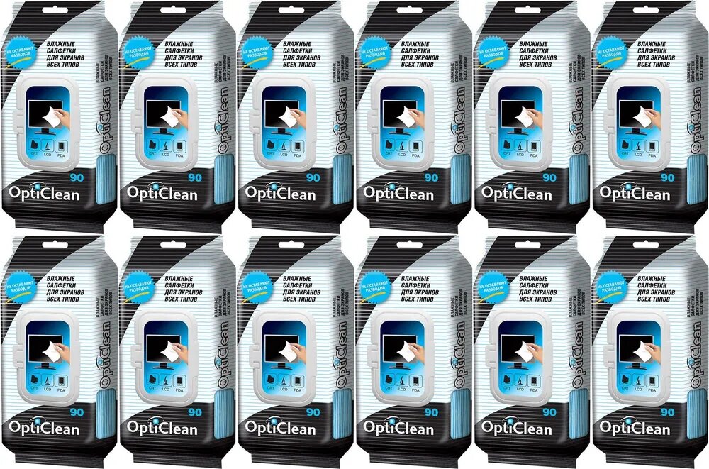 Влажные салфетки OptiClean для экранов, комплект: 12 упаковок по 90 шт