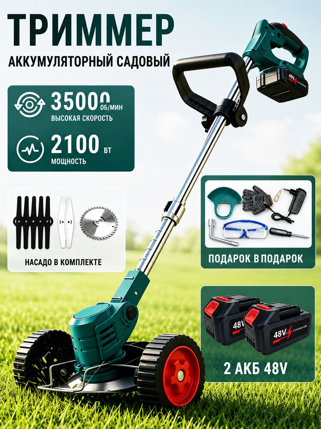 Триммер аккумуляторный садовый, газонокосилка аккумуляторная, для травы