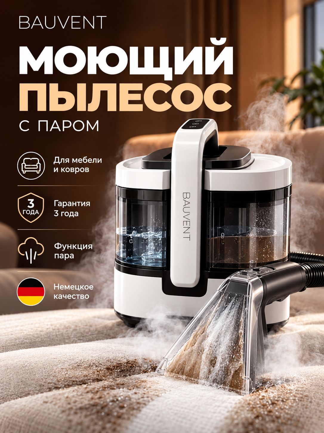 Моющий пылесос с паром для мебели, ковров и автомобиля