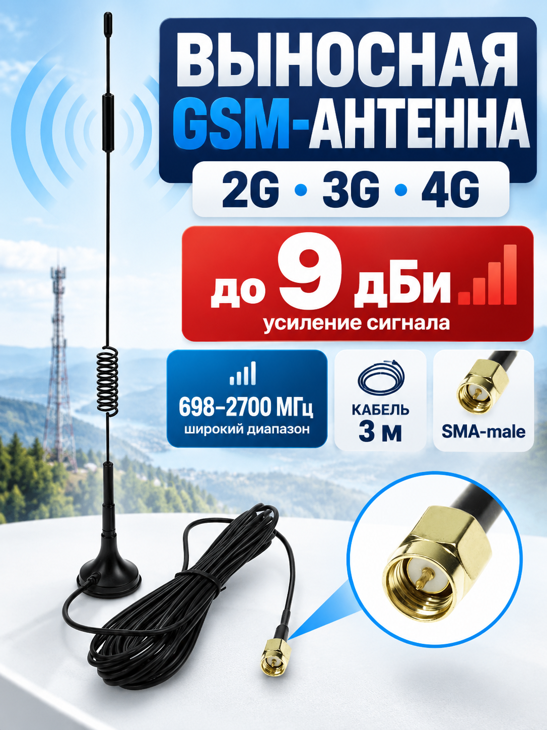 Выносная GSM-антенна OT-GSM27, 698-2700 МГц, 9 дБи, SMA-male, каб 3 м.