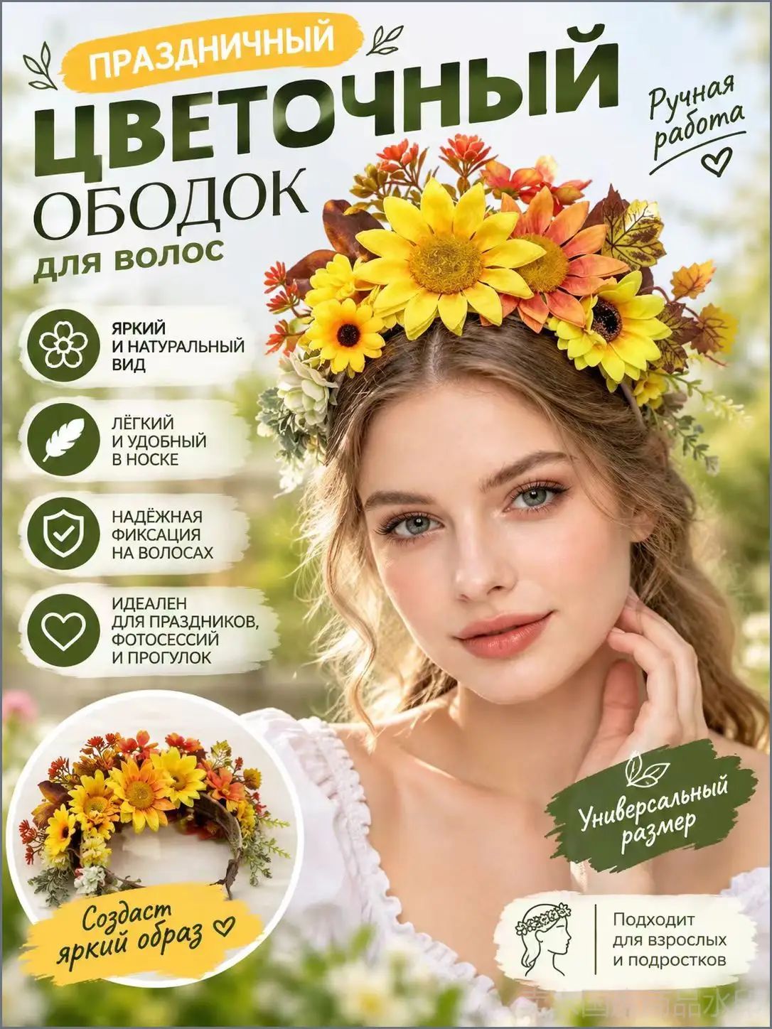 Женский ободок с искусственными цветами и осенними листьями, для тематических вечеринок и Хэллоуина