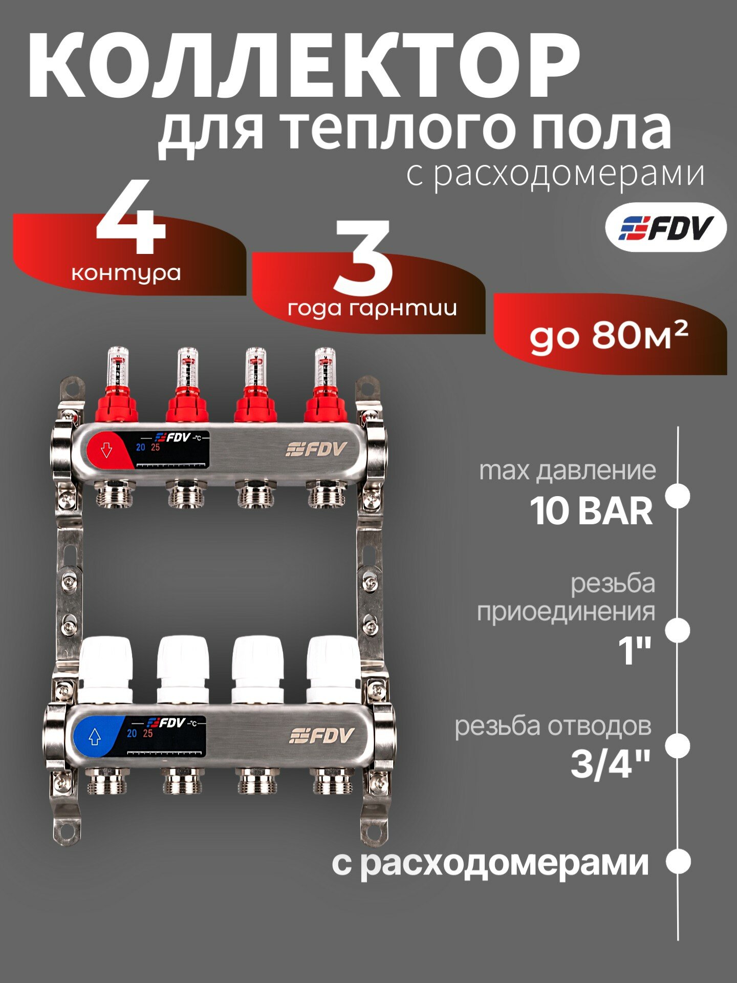 Коллектор для теплого пола 4 контура FDV из нержавеющей стали с расходомерами серия S1101A