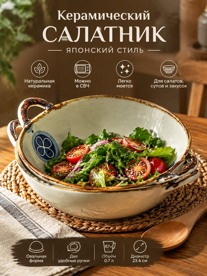 Керамический салатник с ручками, овальная форма, японский узор, объём 0.7 л, 23 см