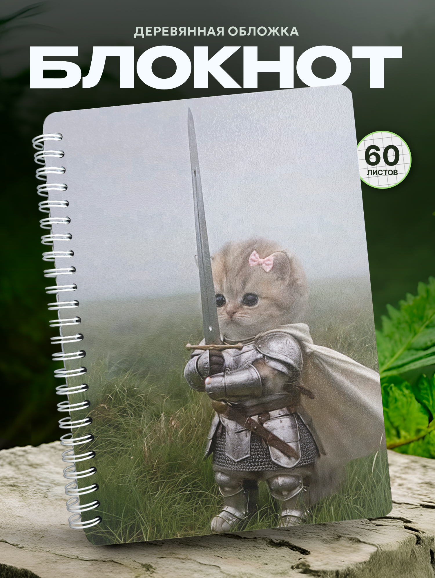 Блокнот Wood-book "мем котик с мечом", A5, твердая обложка, лхдф