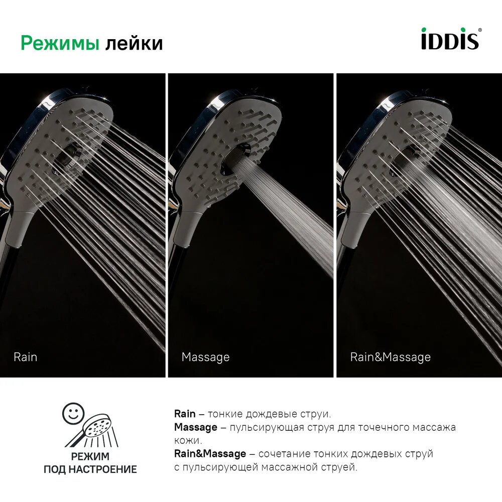 Лейка для душа IDDIS Sena SEN3F00i18, душа iddis sena, трёхрежимная квадратная лейка из ABS‑пластика хром — фото 1