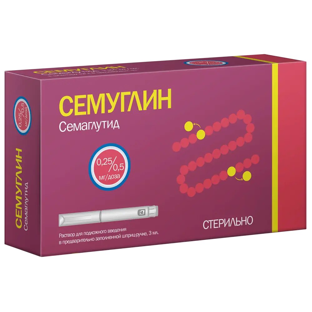 Семуглин раствор для подкожного введ 0,25/0,5мг/доза 3 мл шприц-ручка 1 шт+иглы 8 шт 1 уп