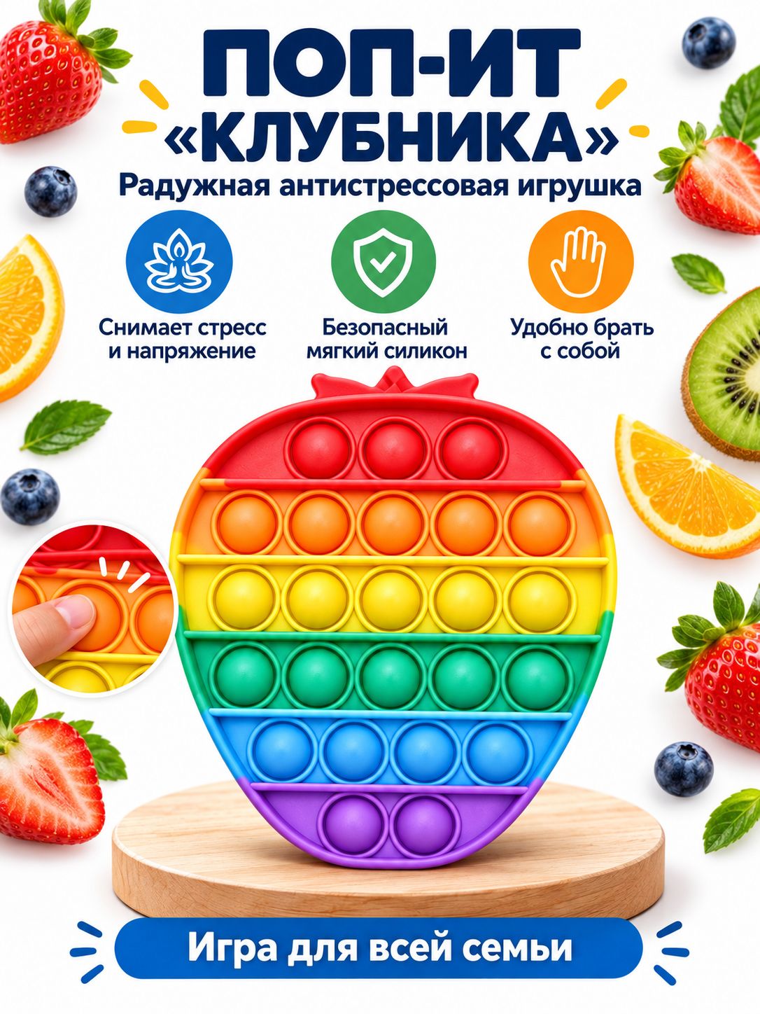Игрушка антистресс Pop It Клубника, радужный силиконовый попит для детей