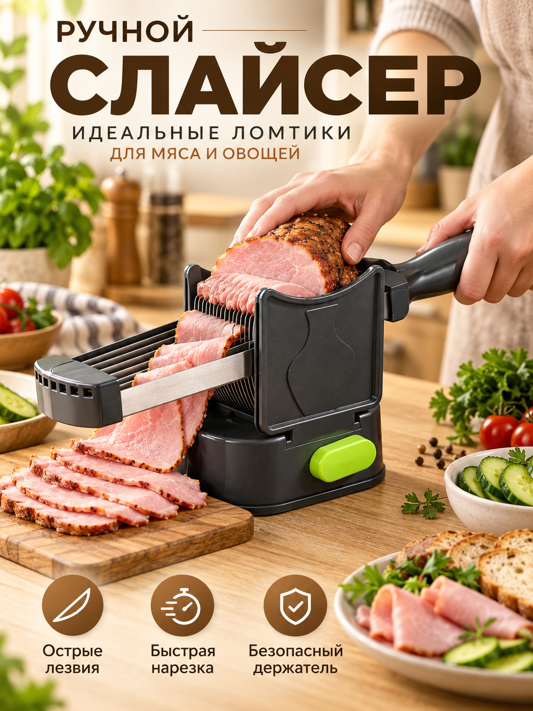 Слайсер ручной для мяса, рыбы, колбасы и овощей, ломтерезка 6 видов нарезки Q-RD5
