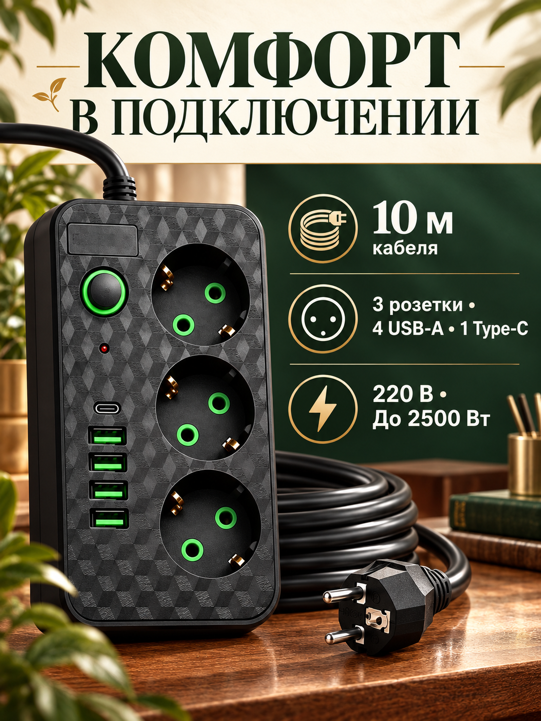 Сетевой фильтр черный, 3 розетки, 4 USB, Type-C, 2500Вт, 10 м кабель