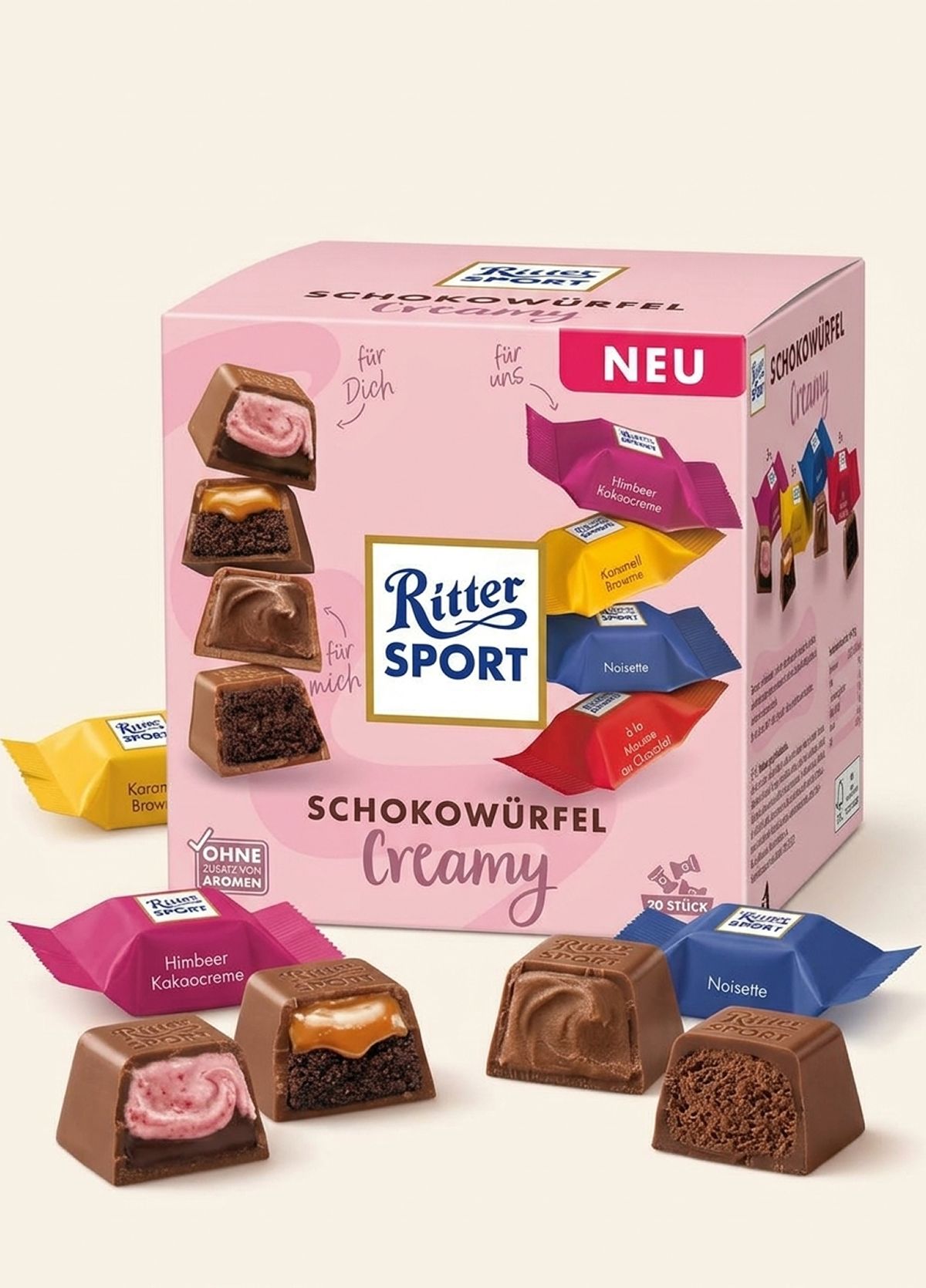 Шоколадные конфеты Ritter Sport Schokowurfel Creamy с кремовыми начинками, ассорти 4 вкуса, 20 шт.